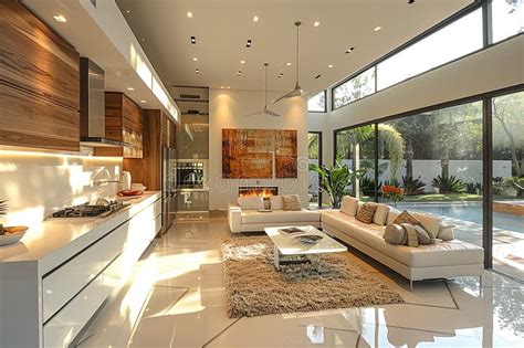 Modern Kitchen And Living Space With Pool View Stock Illustration Illustration Of Pool