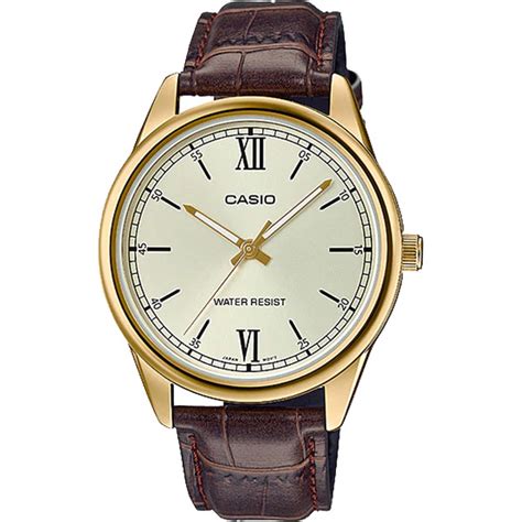 Đồng Hồ Nam Casio Mtp V005gl 9b Dây Da Màu Nâu Viền Mặt Mạ Vàng