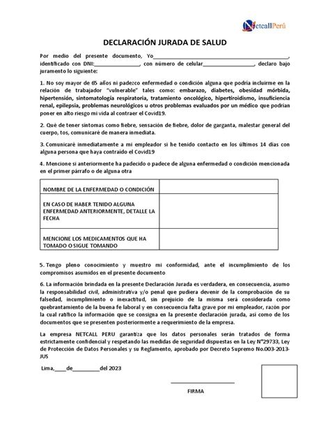 Declaración Jurada De Salud Pdf Declaración Jurada De Salud Pdf