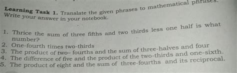 Solved Learning Task 1 Translate The Given Phrases To Mathematical
