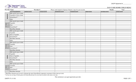 Printable Cacfp Menu Template