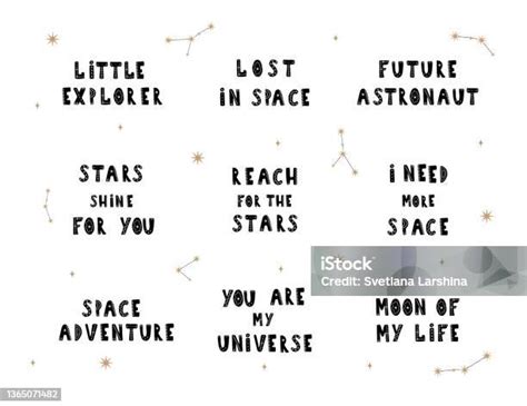 아이들을위한 손으로 그린 우주 문자 인용 갤럭시 구문 컬렉션 Hygge 어린이 포스터 플랫 만화 스타일의 벡터 일러스트레이션 카드 초대 섬유에 적합 0명에 대한 스톡 벡터