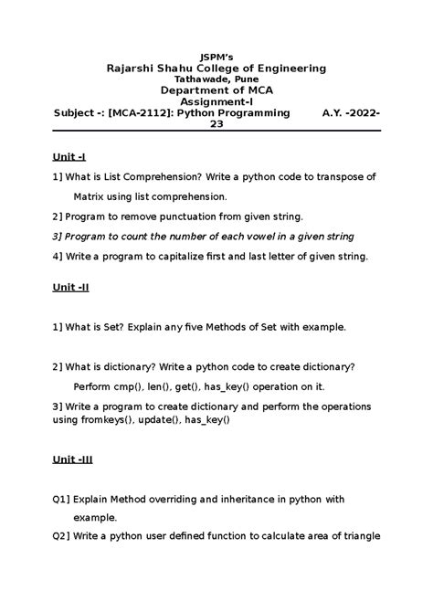 Important Questions Python Jspms Rajarshi Shahu College Of Engineering Tathawade Pune