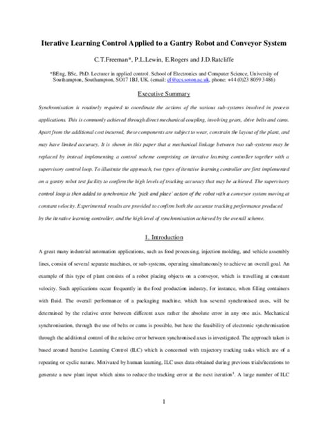 Pdf Iterative Learning Control Applied To A Gantry Robot And Conveyor