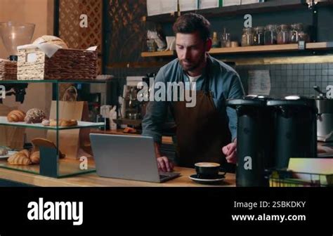 Glad Caucasian Entrepreneur Staff Work In Cafe Waiter Smile Drink Cup Coffee Energy Beverage Man