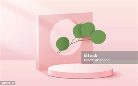 추상 장면 배경입니다 분홍색 배경에 잎이 있는 실린더 연단 제품 프리젠 테이션 모의 화장품 연단 무대 받침대 또는 플랫폼을 표시합니다 3차원 형태에 대한 스톡 벡터 아트 및