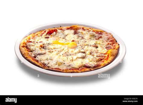 Fresh Oven Baked Pizza With Egg Sausage All Cheese Isolated On White