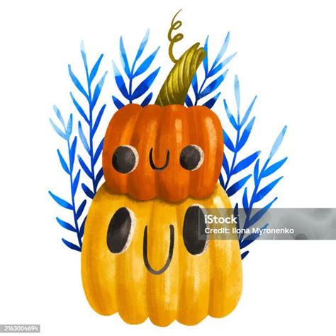 밝은 푸른 잎과 그 주위에 가지가 있는 조각된 얼굴이 있는 호박 오렌지 호박 할로윈 휴일에 대 한 고립 된 배경에 손으로 그린 만화 그림 10월에 대한 스톡 벡터 아트 및