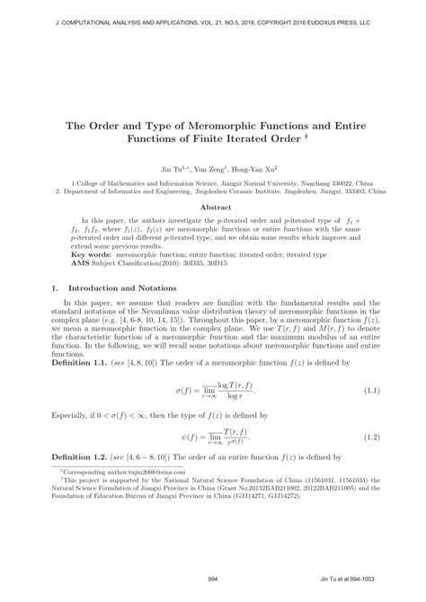 Pdf The Order And Type Of Meromorphic Functions And Entire Functions Of Finite Iterated Order