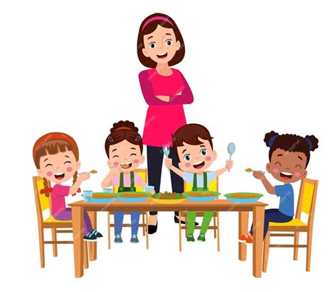 Милый маленький мальчик ест за обеденным столом Премиум векторы