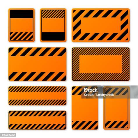 대각선이 있는 다양한 빈 주황색 경고 표지판 주의 위험 또는주의 표지판 건설 현장 표지판 현실적인 통지 간판 경고 배너 도로 방패 벡터 그림 0명에 대한 스톡 벡터 아트 및