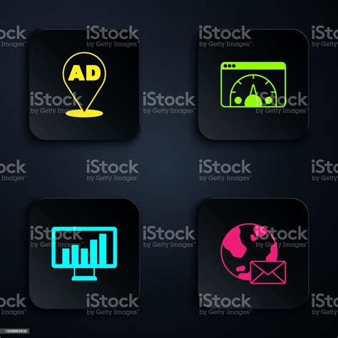 Set Earth Globe With Mail Advertising Monitor Graph Chart And Website Statistic Black Square