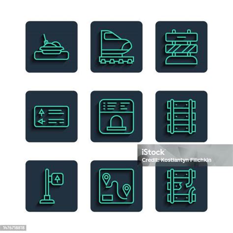 설정 라인 도로 교통 표지판 경로 위치 깨진 레일 철도 트랙 끝 티켓 구매 매표소 음식과 철도가 있는 접시 철도 아이콘 벡터 거리에 대한 스톡 벡터 아트 및 기타 이미지