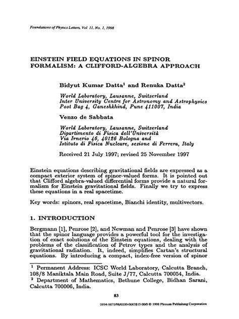 1998einsteinfieldeqsspinorformalismcliffordalgebraapproach Pdf Mathematical Objects