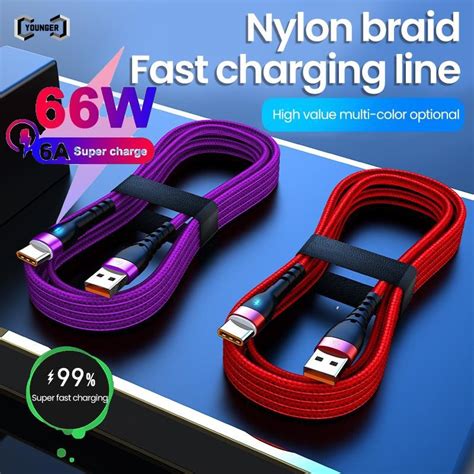 สายชาร์จเร็วมาก 66w พร้อมไฟ 6a สายชาร์จไนล่อนถัก Usb เป็น Type C สายเคเบิลข้อมูลไมโคร Shopee