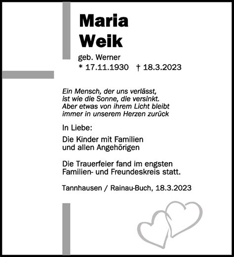 Traueranzeigen Von Maria Weik Schwaebische De Trauerportal