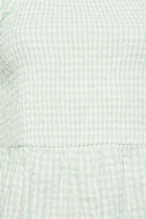 Yours Plus Size Curve Mint Green Gingham Print Square Neck Shirred Top Yours Clothing