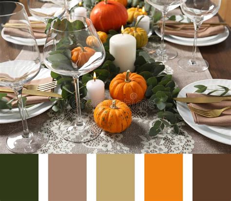 Shades Of Fall Autumn Table Setting And Matching Color Palette Stock
