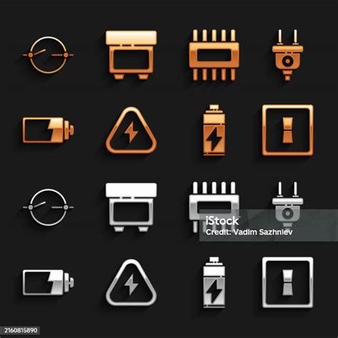 고전압 전기 플러그 전등 스위치 배터리 충전 수준 표시기 미세 회로 Cpu 구성표 및 퓨즈 아이콘이 있는 프로세서를 설정합니다 벡터 Cpu에 대한 스톡 벡터 아트 및 기타