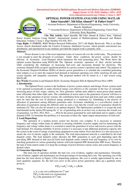 Pdf Optimal Power System Analysis Using Matlab