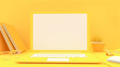 노란색 배경작업용 책상에 노란색 노트북 모형이 있습니다 3차원 형태에 대한 스톡 사진 및 기타 이미지 3차원 형태 개념 개념과 주제 Istock