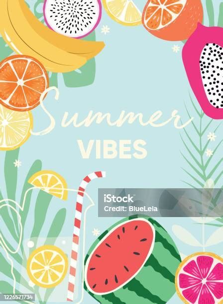 여름 분위기 타이포그래피 슬로건과 밝은 파란색 배경에 신선한 과일과 레모네이드과일 디자인 열대 과일의 컬렉션입니다 다채로운 플랫 벡터 일러스트레이션 여름에 대한 스톡 벡터