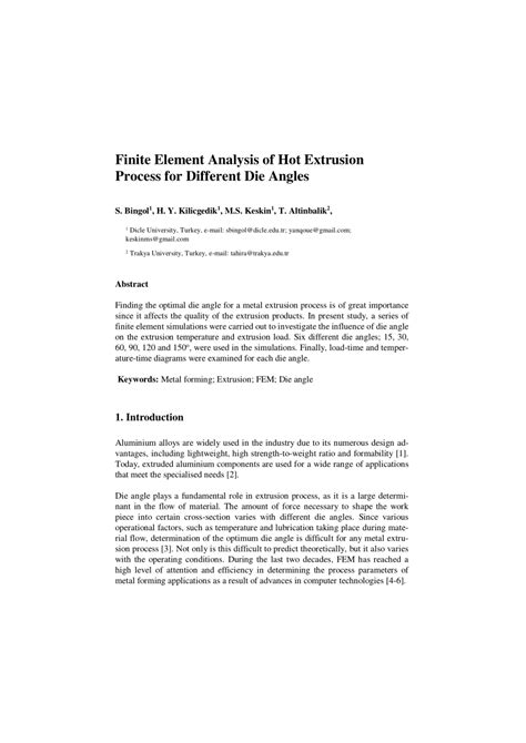 [pdf] Finite Element Analysis Of Hot Extrusion Process For Different Die Angles