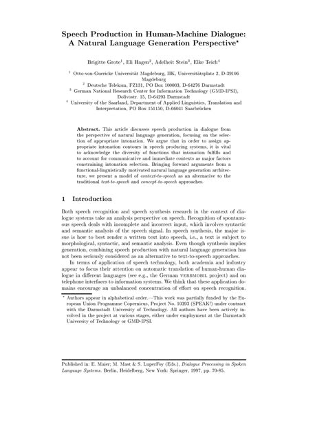 Pdf Speech Production In Human Machine Dialogue A Natural Language Generation Perspective