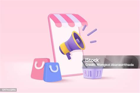 발표 프로모션을위한 3d 메가폰 스피커 또는 라우드 스피커 불혼 스마트 폰에서 모바일 및 쇼핑을하는 메가폰 라우드 헤일러 배경에 대한 경고 및 발표를위한 스피커폰 3d 벡터