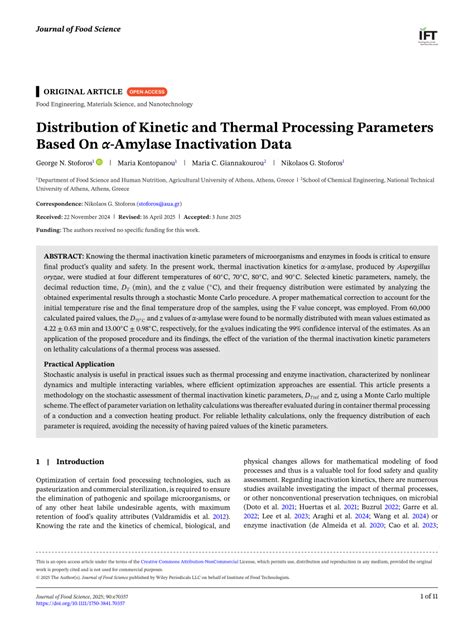 Pdf Distribution Of Kinetic And Thermal Processing Parameters Based On α‐amylase Inactivation Data