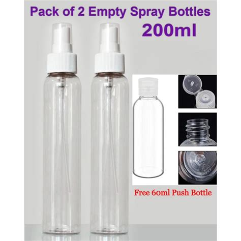 Pack Of 2 Empty Plastic Spray Bottle 200ml Free 60ml Push Bottle
