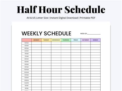 Weekly Schedule Half Hour Weekly Planner Hour By Hour Planner Block