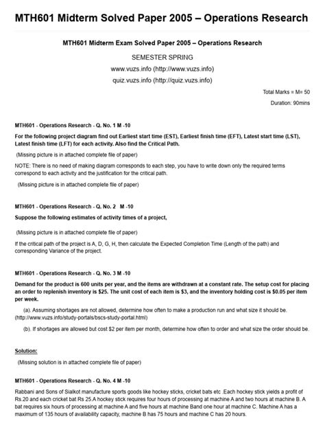 Mth601 Midterm Solved Paper 2005 Operations Research Pdf Applied Mathematics Statistical