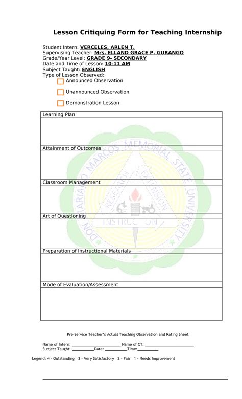 Evaluation Sheet Demo 1 Lesson Critiquing Form For Teaching