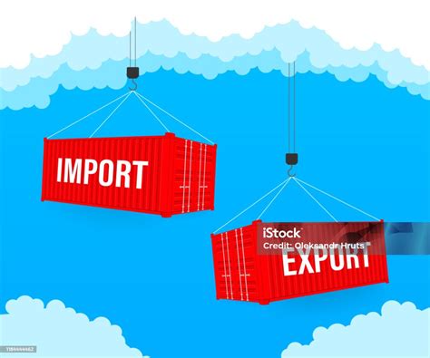 포트 크레인은 가져오기 및 내보내기 단어와 함께 두 개의 빨간 화물 컨테이너를 들어 올립니다 벡터 스톡 일러스트레이션입니다 걸이