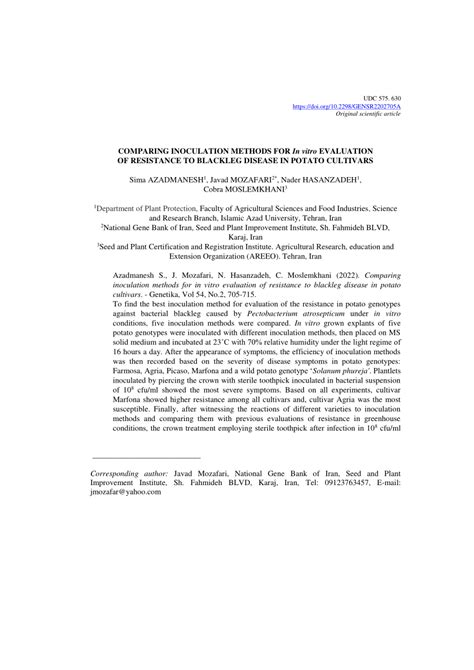 Pdf Comparing Inoculation Methods For In Vitro Evaluation Of Resistance To Blackleg Disease In