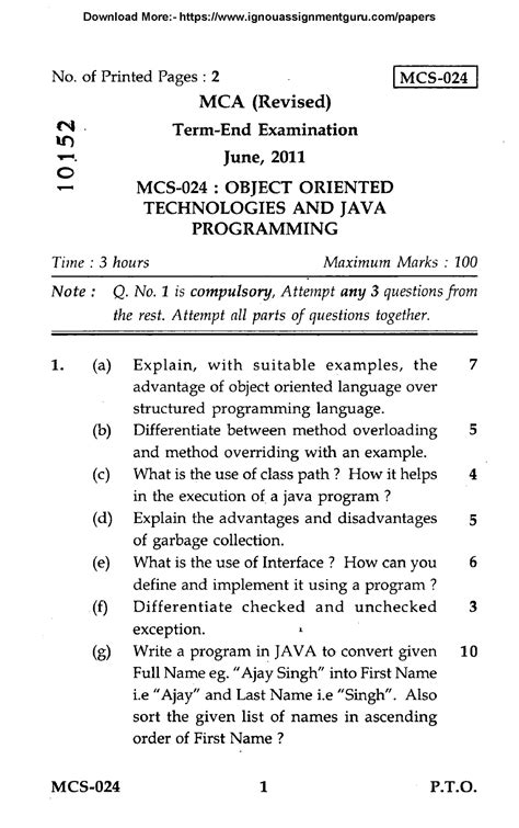 Mcs 024 Previous Year Question Papers By Ignouassignmentguru No Of