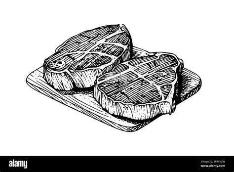 Meat Steak On Wood Board Hand Drawing Sketch Engraving Style Vector