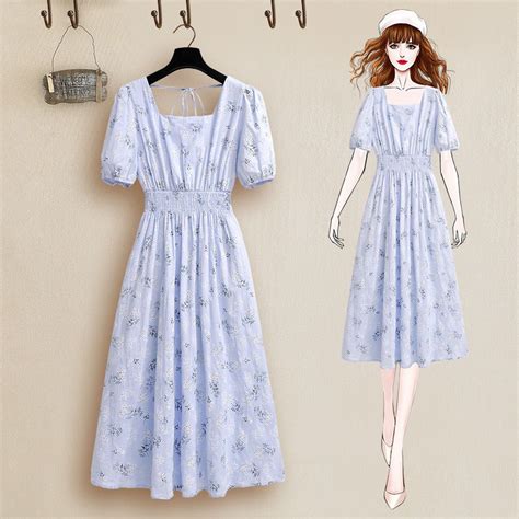 ชุดเดรสสุภาพสตรีกระโปรงสั้นกระโปรงยาวชุดดอกไม้สีฟ้านางฟ้า2021ฤดูร้อนใหม่ฝรั่งเศสตารางปกโคมไฟแขน