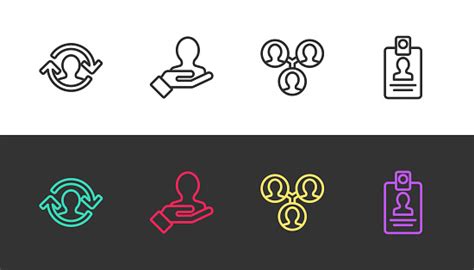 라인 인적 자원 검색 담당자를 위한 손 프로젝트 팀 기반 및 식별 배지를 흑백으로 설정합니다 벡터 개념에 대한 스톡 벡터 아트 및 기타 이미지 Istock