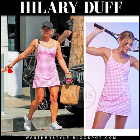 Hilary Duff In Pink Gingham Mini Dress And White Sneakers In Studio