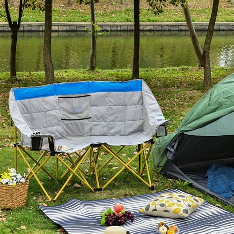 Outsunny Double Seat Camping Chair Folding Lawn Loveseat W Storage