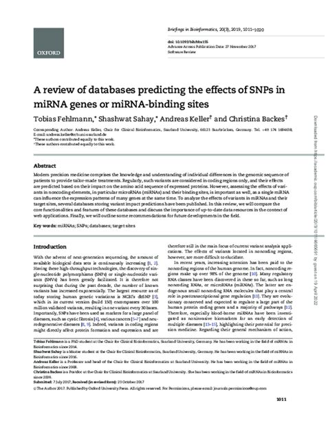 Pdf A Review Of Databases Predicting The Effects Of Snps In Mirna