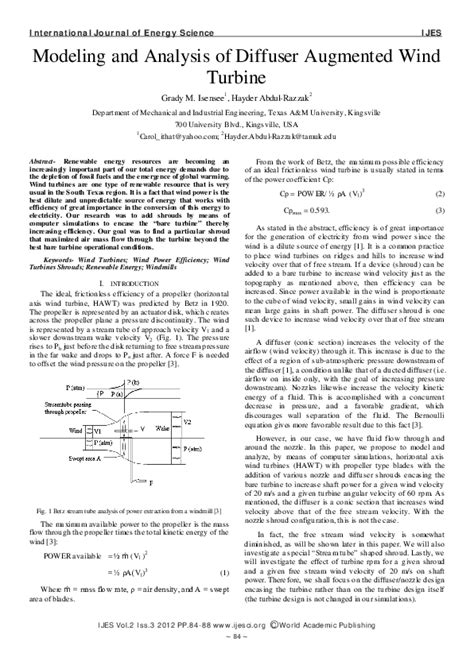 Pdf Modeling And Analysis Of Diffuser Augmented Wind Turbine