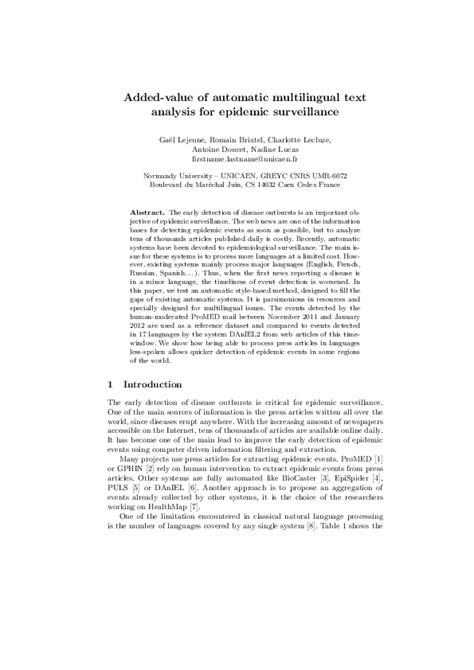 Pdf Added Value Of Automatic Multilingual Text Analysis For Epidemic Surveillance