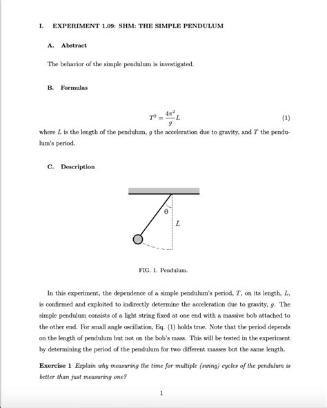 Solved I EXPERIMENT SHM THE SIMPLE PENDULUM A Chegg
