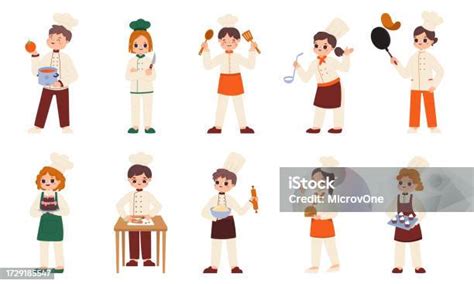 요리하는 어린이 요리사 셰프 유니폼을 입은 고립된 아이들이 빵을 굽는다 부엌에 유치한 작업장 음식을 하는 귀여운 꼬마들 아늑한