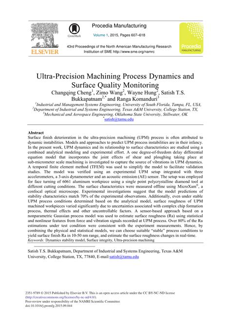 Pdf Ultra Precision Machining Process Dynamics And Surface Quality Monitoring