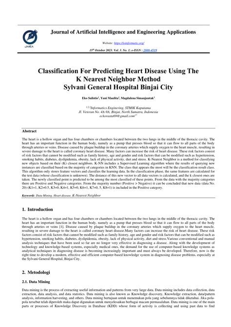 pdf classification for predicting heart disease using the k nearest neighbor method sylvani