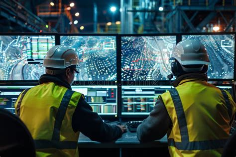 Two Workers In Hard Hats And Safety Vests Monitor Multiple Screens In A Control Room The Image